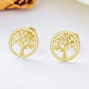 14K Gold Tree of Life Stud Earrings for Women, Real Yellow Gold Life Tree Earrings for Family, Solid Gold Jewelry for Ladies Mom