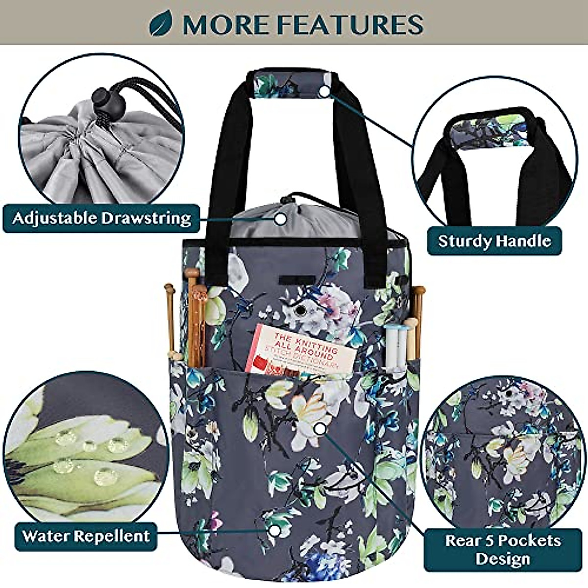 PAVILIA Knitting Bag Crochet Organizer Bag, Yarn Storage Tote, Knitting Accessories Supplies, Yarn Holder for Knitting with Grommets, Needles Hooks Essentials, Crochet Project Case (Floral Gray)