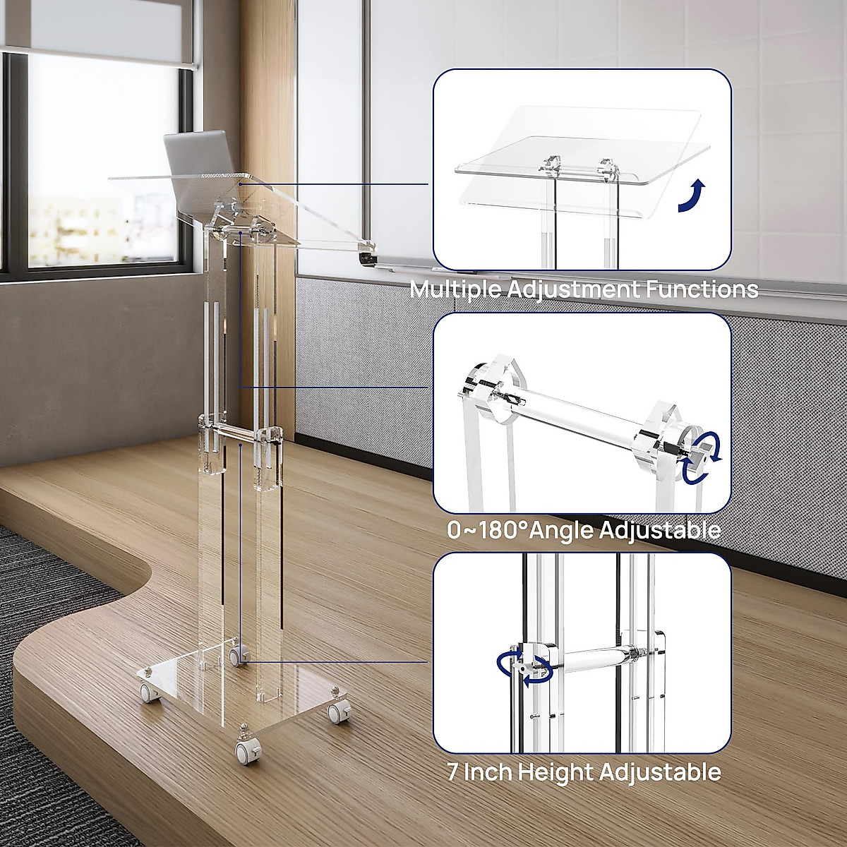 HMYHUM Acrylic Podium Stand with Lockable Wheels, Angle & Height Adjustable, Clear Rolling Podium, Mobile Lecterns & Pulpits for Classroom, Concert, Church, Speech, Multi-Purpose, Modern