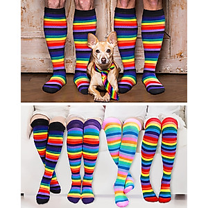 Chuarry 8 Pairs Women's Rainbow Thigh High Socks Fingerless Arm Warmer Set Long Striped High Socks Leg Warmers for Pride Fest(Mixed Color,Classic Style)