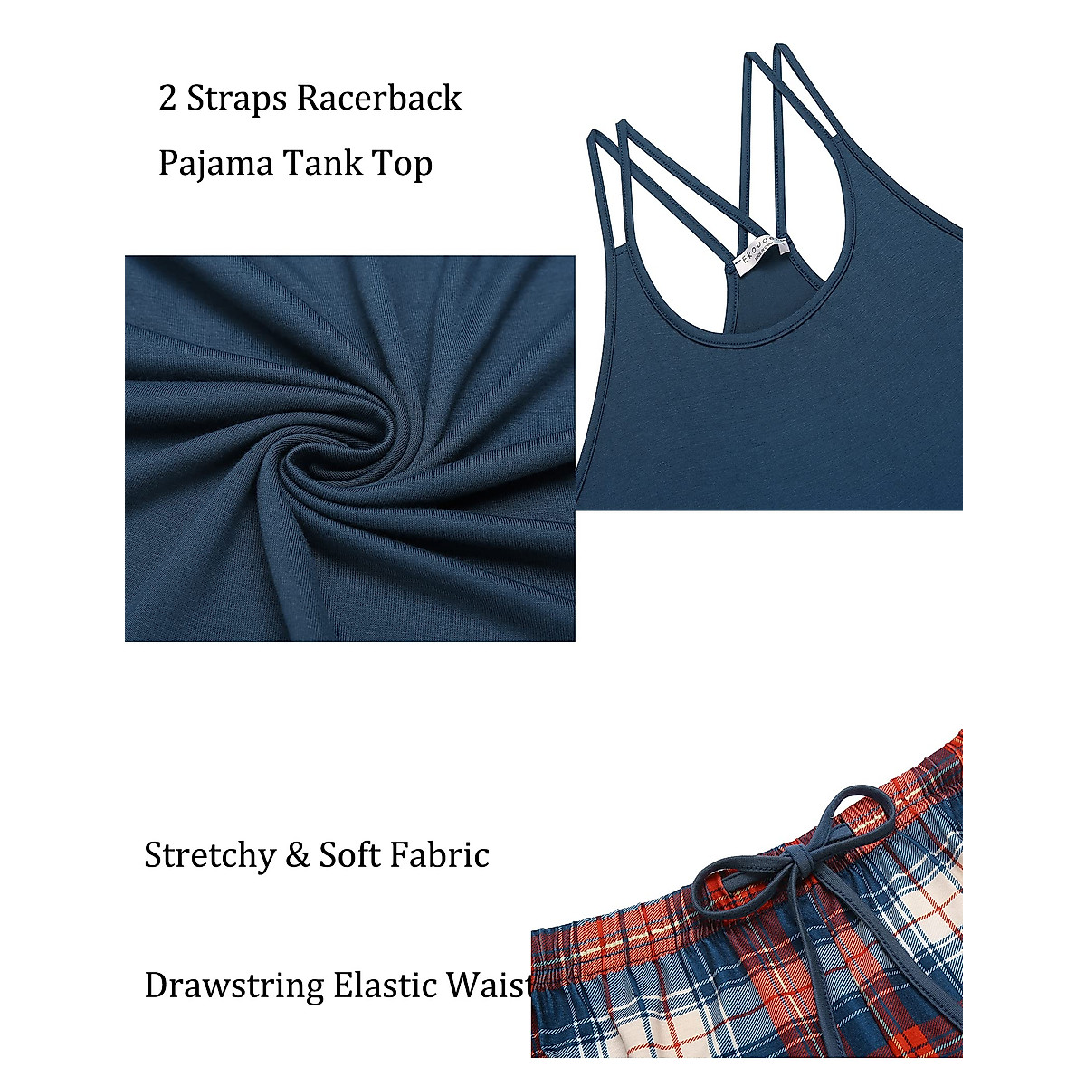 Ekouaer Womens Cami Pajama Set Sleeveless Racerback Tank Top Pjs Soft Sleepwear Blue and Red Plaid Medium