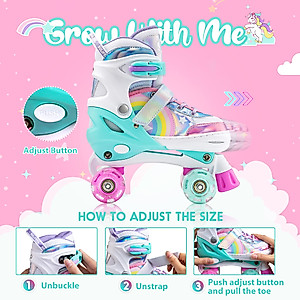 SULIFEEL Rainbow Unicorn 4 Size Adjustable Light up Roller Skates for Girls Boys for Kids Small