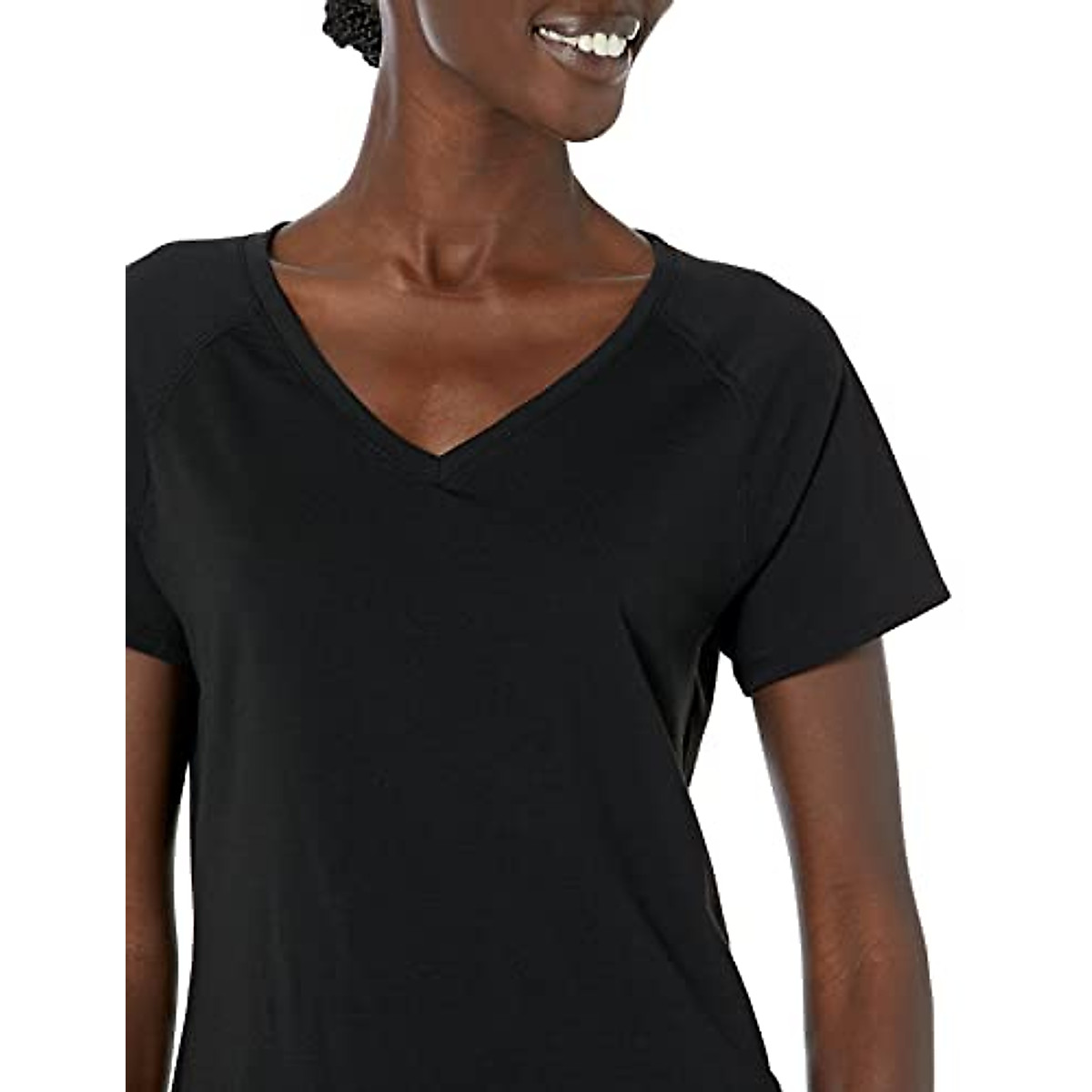 Amazon Essentials Women's Studio Relaxed-Fit Short-Sleeve Lightweight V-Neck T-Shirt, Black, Medium
