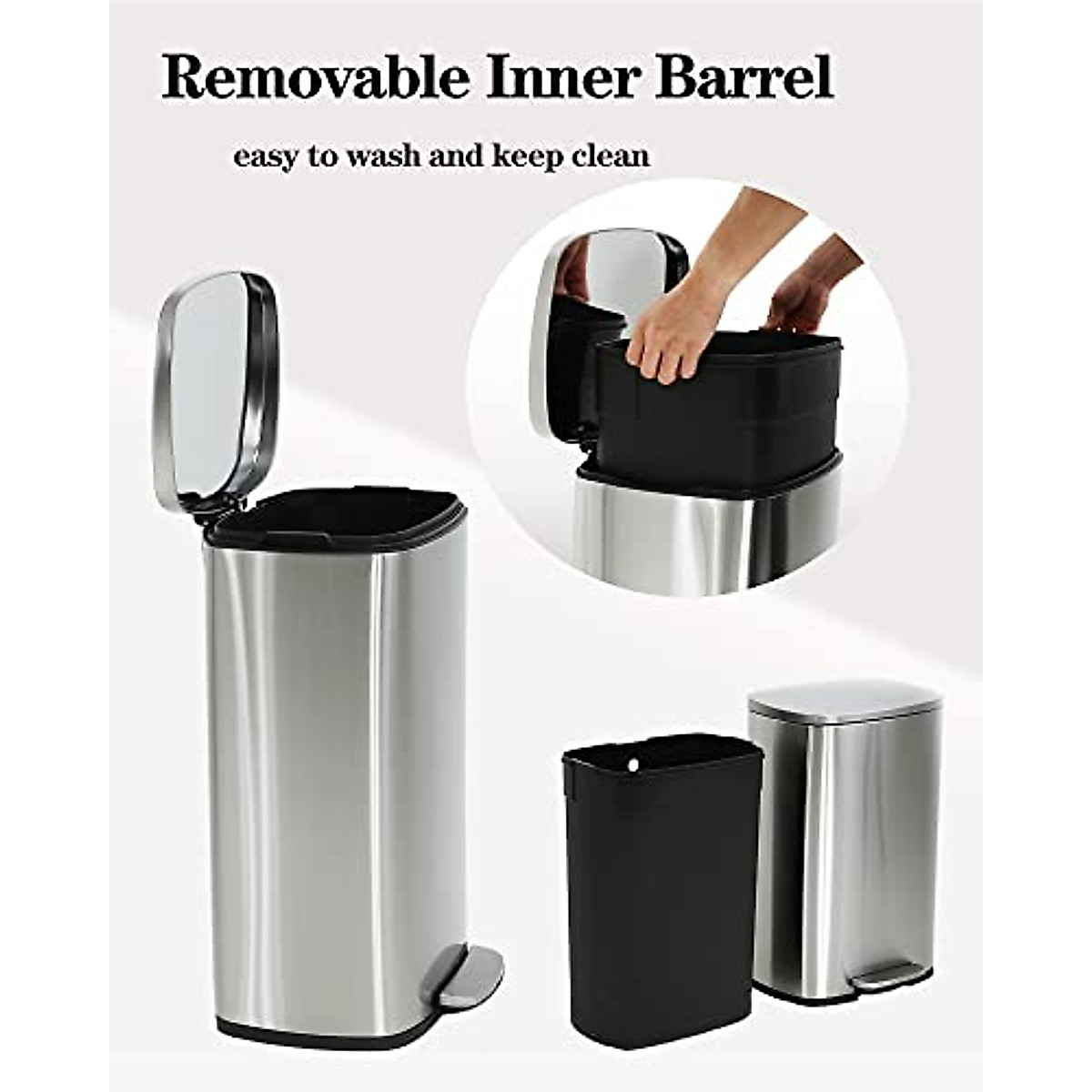 Pazidom 13 Gallon Step Trash Can with Soft Close Lid, 50 Liter Stainless Steel Pedal Garbage Bin with Removable Inner Bucket, Tall Rectangular Trash Bin for Kitchen Office Bedroom, Silver