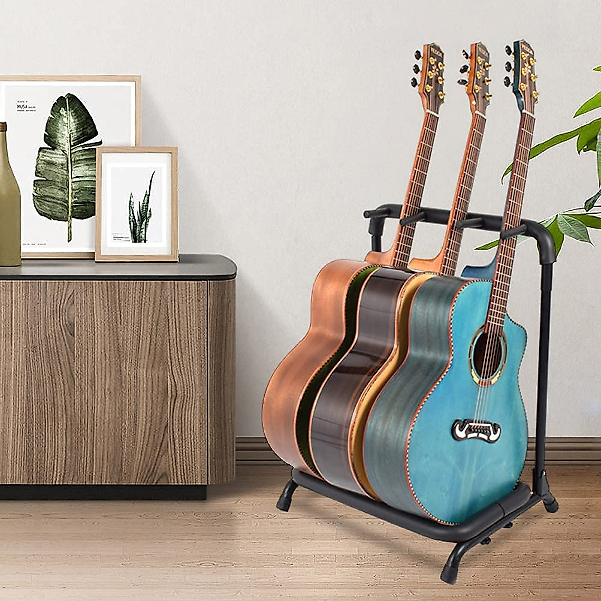 Superlative Stands Multiple Guitar Stand Rack; Foldable Display Holder for 3 Guitars; Electric Bass Stage Display Holds Up to Three Black