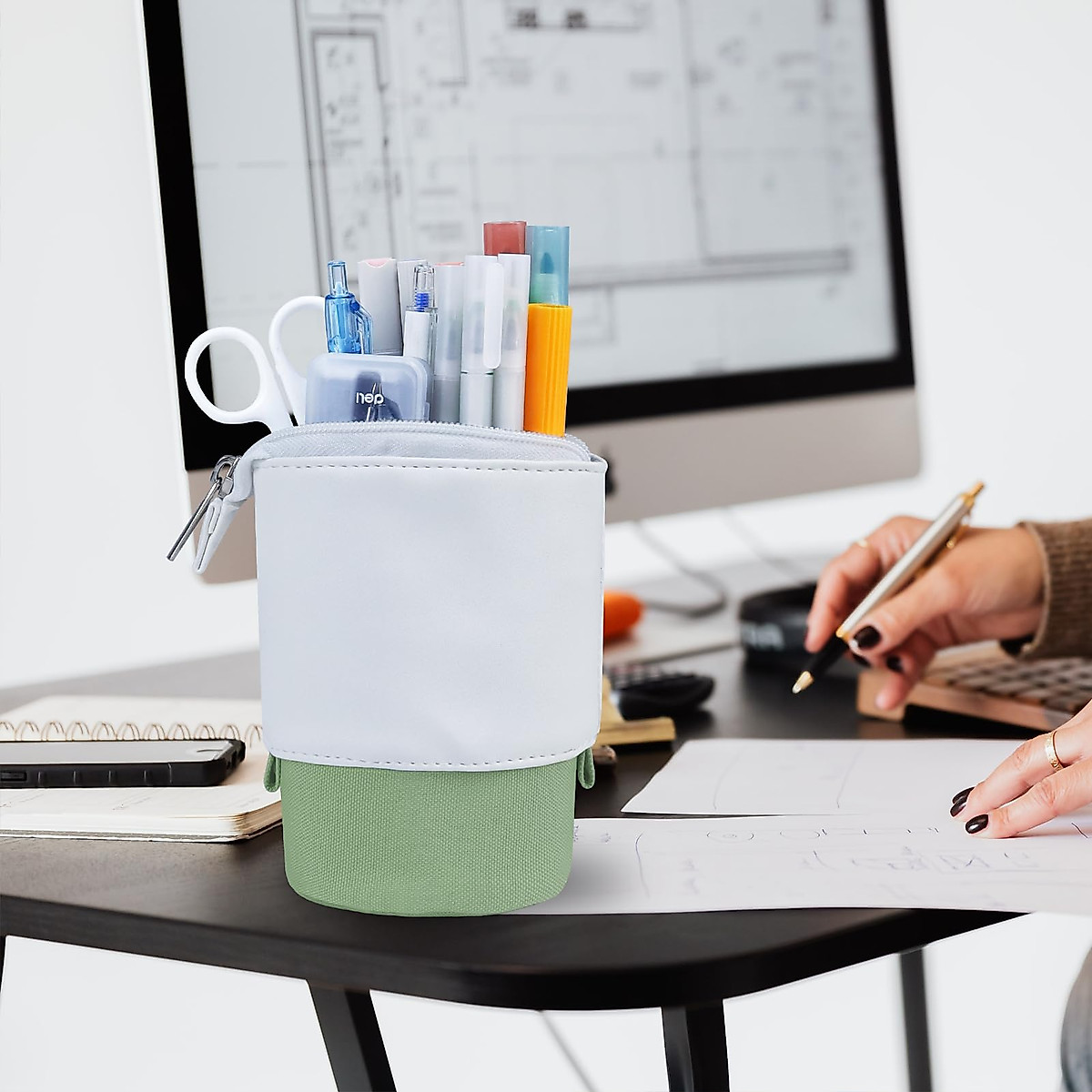 Fmeida Standing Pencil Case Telescopic Pencil Pouch Pop Up Pencil Bag Pen Holder Organizer Aesthetic Stand Up Stationery Pouch Makeup Cosmetics Bag for Christmas Holiday New Year Gift Light Green