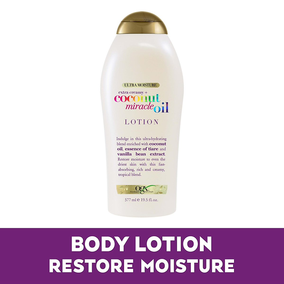 OGX Extra Creamy + Coconut Miracle Oil Ultra Moisture Body Lotion with Vanilla Bean, Fast-Absorbing Lotion for All Skin Types, Paraben-Free and Sulfated-Surfactants Free, 19.5 fl oz