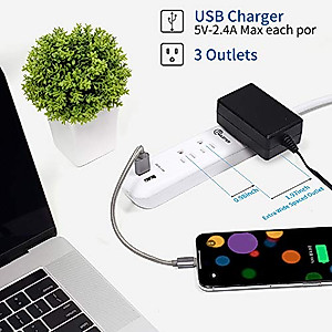 USB Power Strip Surge Protector Long Extension Cord 6 feet, 3 Outlets, 2 USB Ports (2.4A/12W), Overload Protection, Mountable Power Strip for Home Office, 1250W/10A, SGS Listed, White