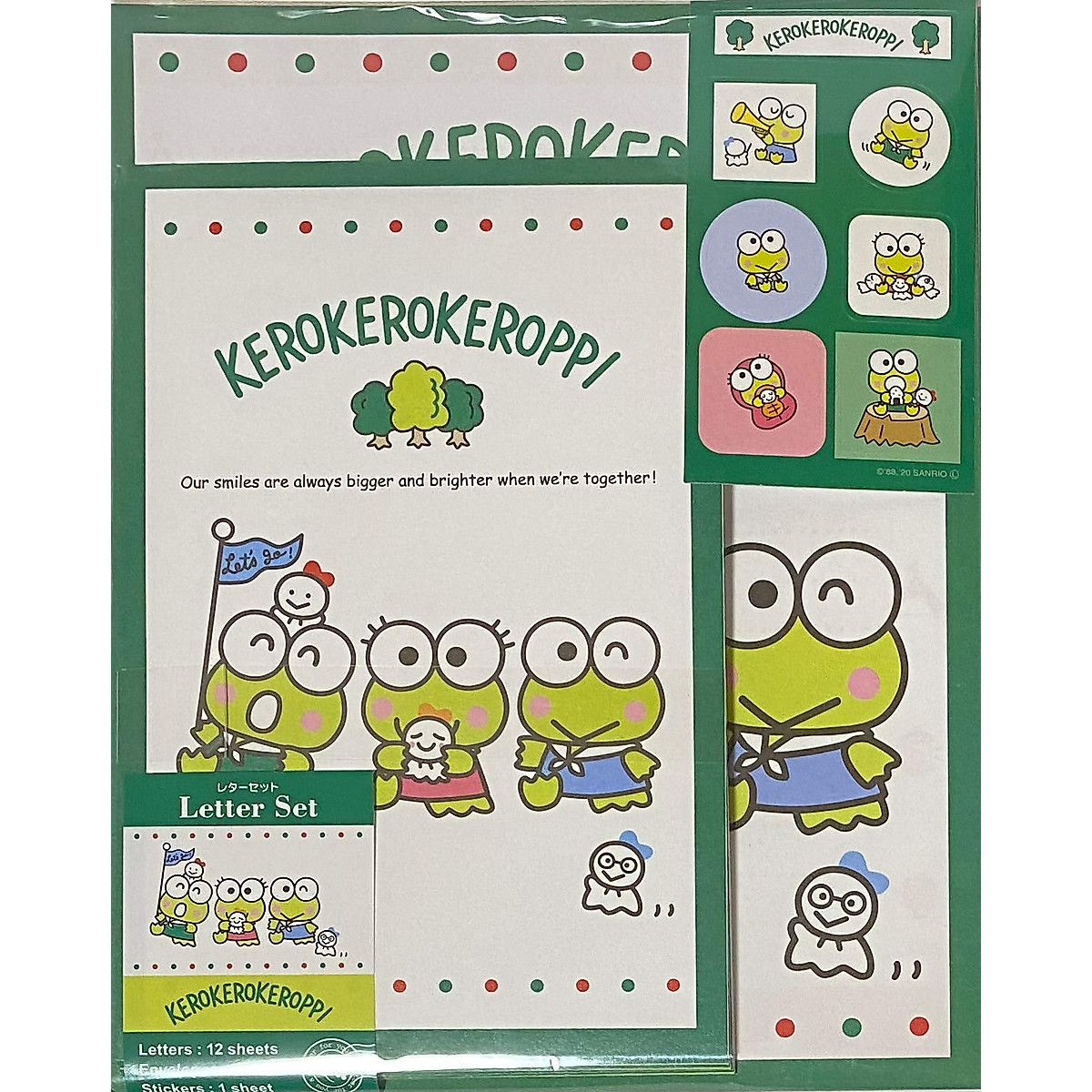 Sanrio KerokeroKeroppi Letter Set 12 Writing Paper + 6 Envelopes + 7 Stickers Stationary Japan (Three brothers)