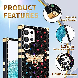 Loheckle for Samsung Galaxy S23 Ultra Case for Women, Designer Square Cases for Galaxy S23 Ultra Case with Ring Stand Holder and Lanyard, Stylish Bees Luxury Cover for Samsung S23 Ultra
