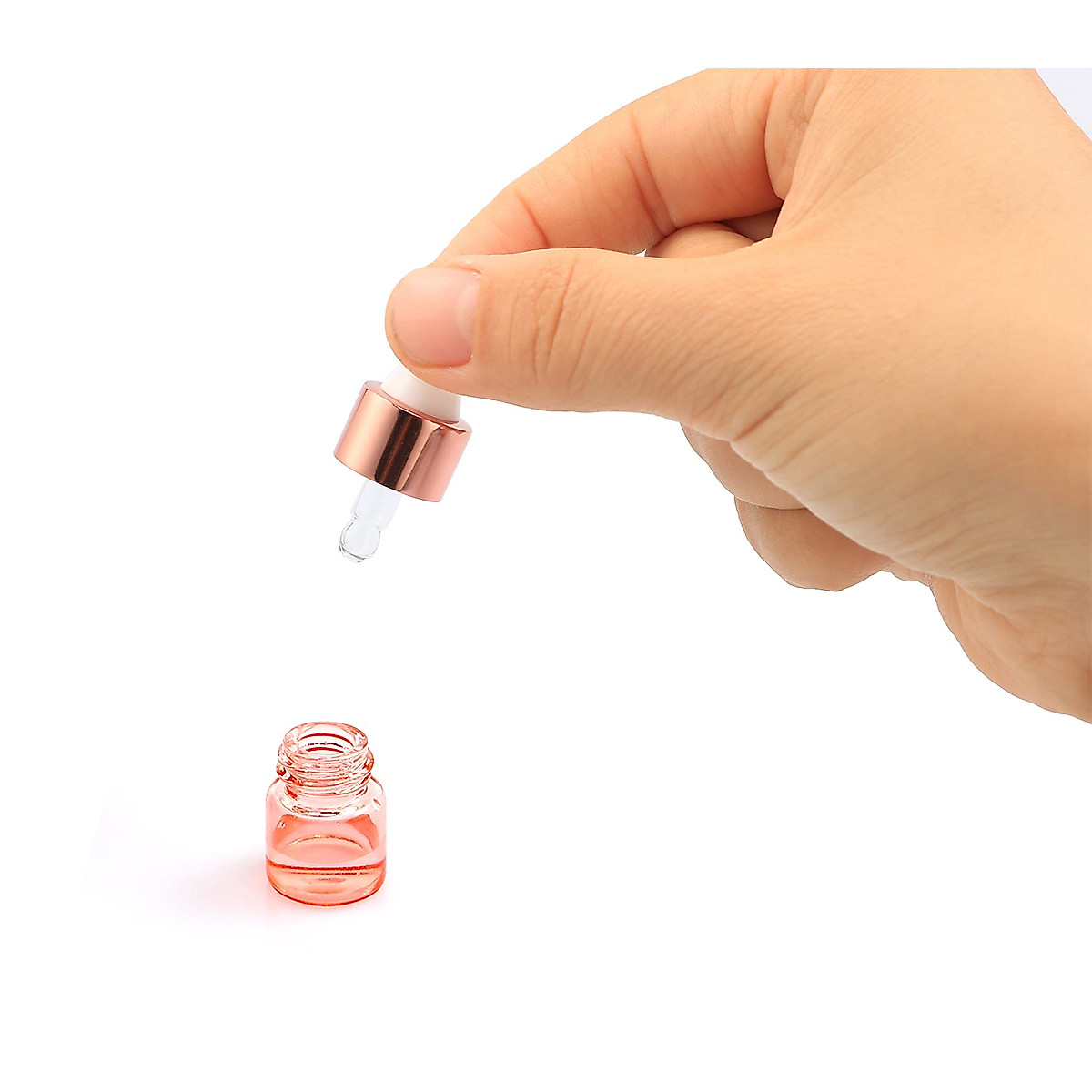 USRommaner 35 Pack,1ml Pink Sample Dropper Vial,Empty Glass Eye Dropper Bottle With Rose-Gold Cap,Liquid Mini Glass Pipette Travel Essential Oil Perfume Container-Pipette,Funnel,included