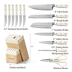 CAROTE 14 Pieces Knife Set with Block, Forged, High Carbon Stainless Steel Sharp Blade Block Knife Set, Dishwasher Safe Cutlery,Linen White