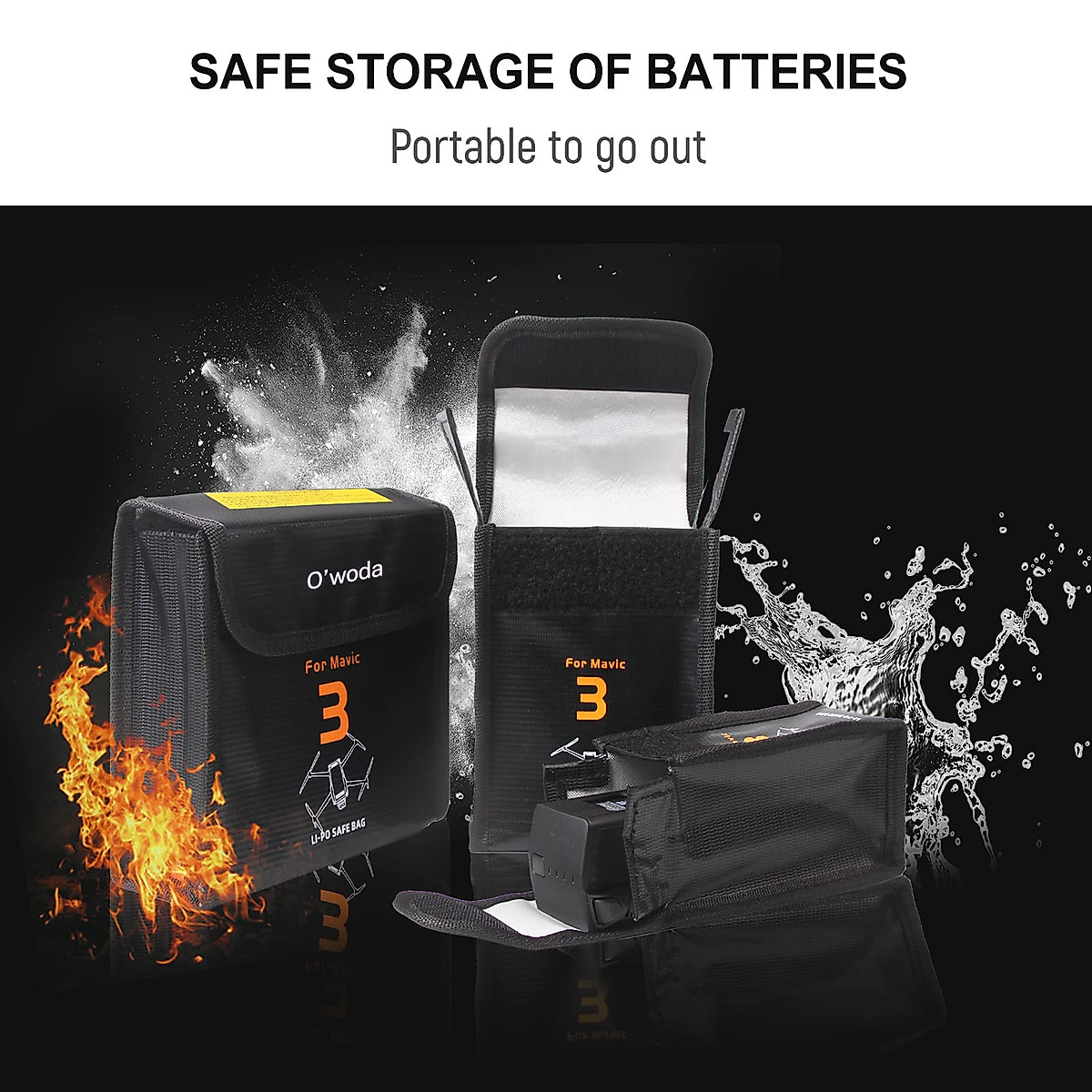 O'woda Battery Safe Bag for DJI Mavic 3 Pro, 3 Pcs Lipo Fireproof Storage Bag Batteries Protection Pouch + 3 Pcs Charging Port Cover for DJI Mavic 3 / Mavic 3 Classic/Mavic 3 Pro