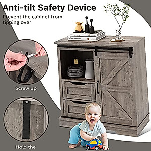 Ahvqevn Farmhouse Coffee Bar Cabinet, 33.64" Coffee Bar Cabinet with 2 Drawers and 3 Open Storage Shelf, Kitchen Hutch Buffet Storage Cabinet Design for Kitchen, Living Room, Entryway, Grey