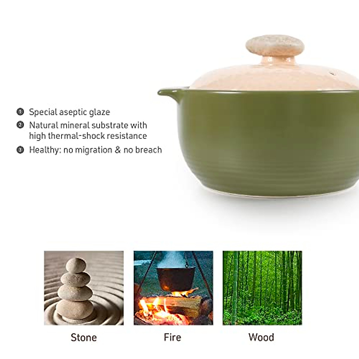 Neoflam Kiesel 1qt Non-Stick Ceramic Casserole Pot, Dutch Oven, Clay Pot, Stockpot for Stew, Soup, Steam, Scratch Resistant, Oven Safe, Heat Resistant, Lime