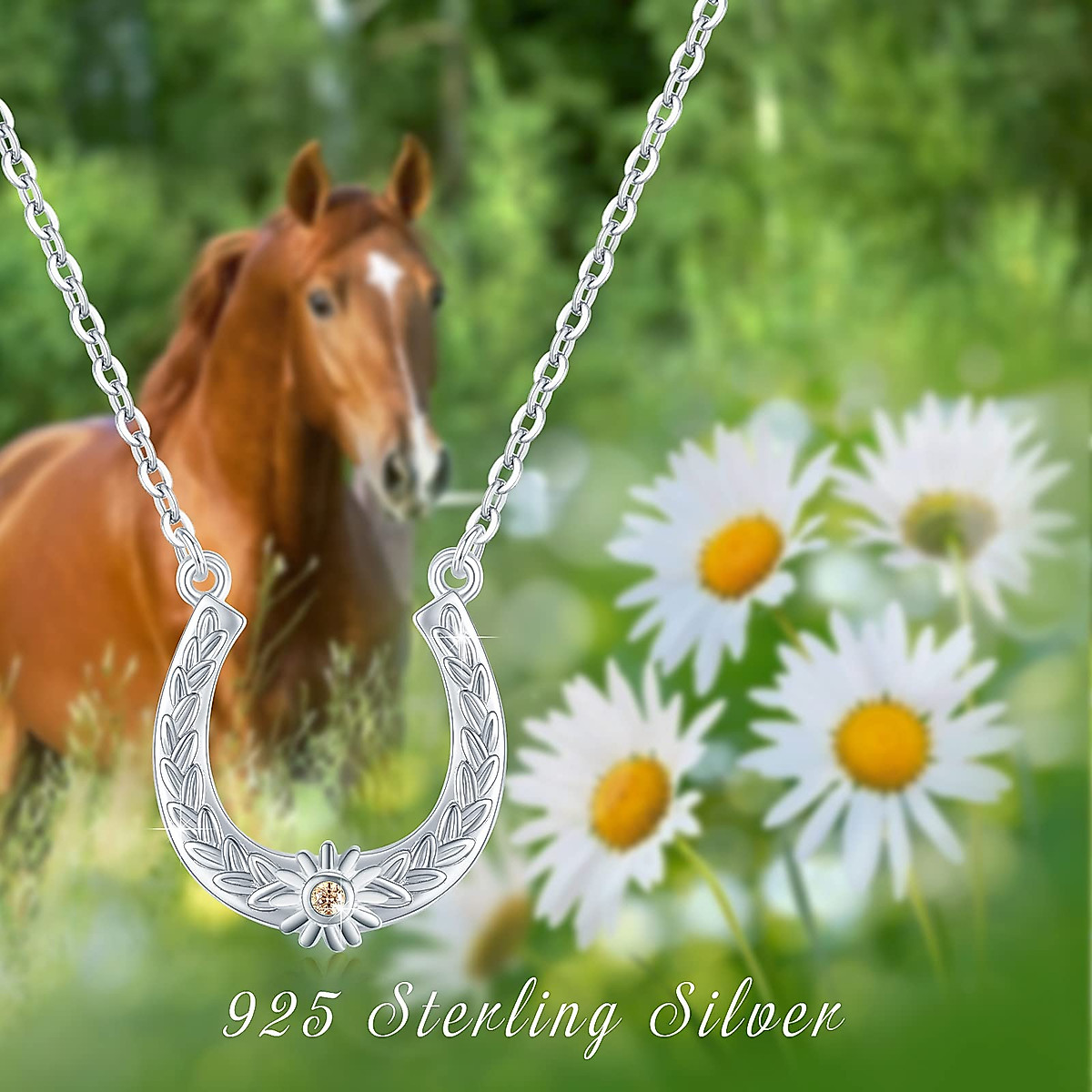 MEDWISE Lucky Horseshoe Necklace Gifts for Cowgirls Women Sterling Silver Horseshoe Daisy Necklace for Horse Lover Jewelry Birthday Christmas