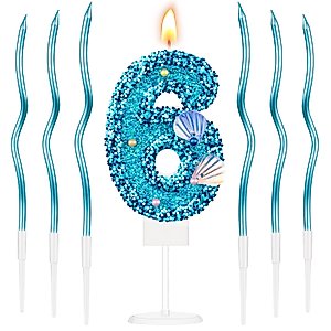 Landhoow 2.76 Inch Birthday Candle Shell Sequins Blue Candle with 6 Pcs 6.7 Inch Twisty Curly Coil Candles for Baby Girl Boy Birthday Cake Topper Anniversary Wedding Mermaid Party Decor(Number 6)