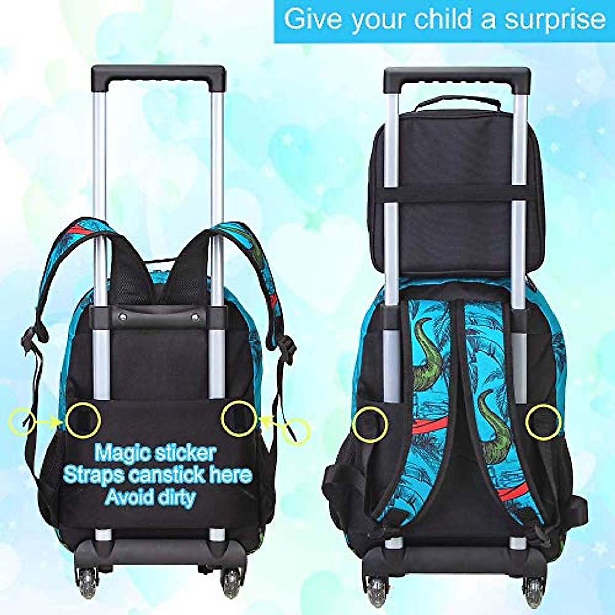 3PCS Rolling Backpack for Boys, Kids Roller Wheels Bookbag, Wheeled School Bag with Lunch Bag - Dinosaur