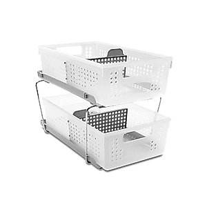 madesmart 2-Tier Organizer Slide-Out Baskets with Handles, Space Saving, Multi-Purpose Storage & BPA-Free, Large, Frost-with Dividers