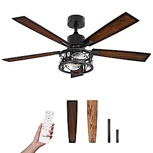 Consciot Ceiling Fan With Lights, 52 Inch Farmhouse Indoor Ceiling Fan With Remote, Quiet Reversible DC Motor, 5 Double Finish Wood Blades, Easy Dual Mount, Support Dimmable 2*E26 Bulbs(not included)