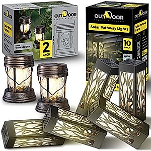 10 Pack Solar Pathway Lights + 2 Pack Hanging Solar Lights Outdoor Waterproof - Waterproof Outdoor Garden Lights Solar Powered - LED Decorative Table Solar Hanging Lanterns Outdoor