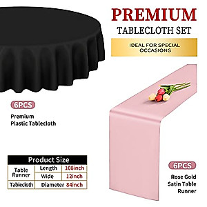 6 Pack Round Plastic Tablecloth 84" Black Disposable Table Covers Waterproof Circle Party Table Cloths for Round Tables and 6 Pack 12"x108" Rose Gold Satin Table Runners for Parties Birthday Picnic