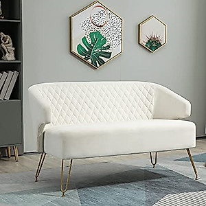 Homtique Velvet Loveseat Modern Tufted Accent Sofa Chair with Metal Golden Legs Upholstered 2 Seaters Couch for Small Spaces Elegant Settee Bench for Living Room, Bedroom, Apartment (White)