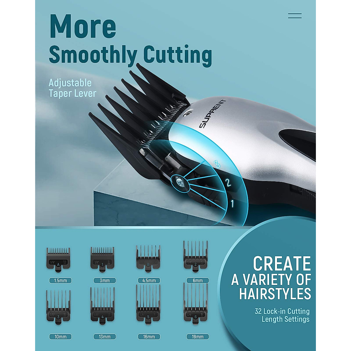 SUPRENT Hair Clippers for Men,All-Steel Self-Sharp Blade Cordless Hair Clippers Set, Long Service Life and Low Noise Hair Trimmer, with LED Display Hair Cutting Kit for Family(Silver）