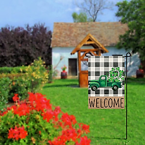 Welcome St Patricks Day Garden Flag 12x18 Inch Double Sided Burlap, Truck Lucky Shamrocks Sign Farmhouse Yard Outdoor Decor DF185