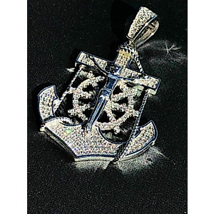 HarlemBling Solid 925 Sterling Silver -Jesus On Anchor Cross Pendant - Hip Hop Iced - Natural Silver Or Two Tone Gold Finish (Two Tone)