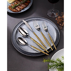Lemeya 20-Piece Hammered Silver Gold Silverware Set,18/10 Stainless Steel Forging Heavy Duty Cutlery Set for 4, Luxury Unique Flatware Set,Spoons and Forks Set,Mirror Polished,Dishwasher Safe