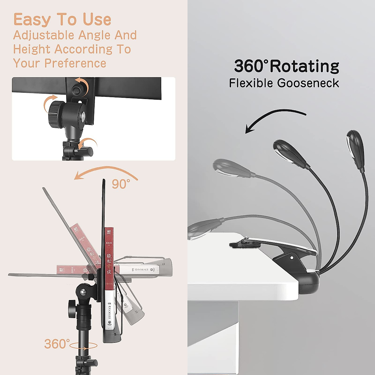 Ramzi Portable 5-in-1 Dual-Use Sheet Music Stand with Light, Clip, and Carrying Bag