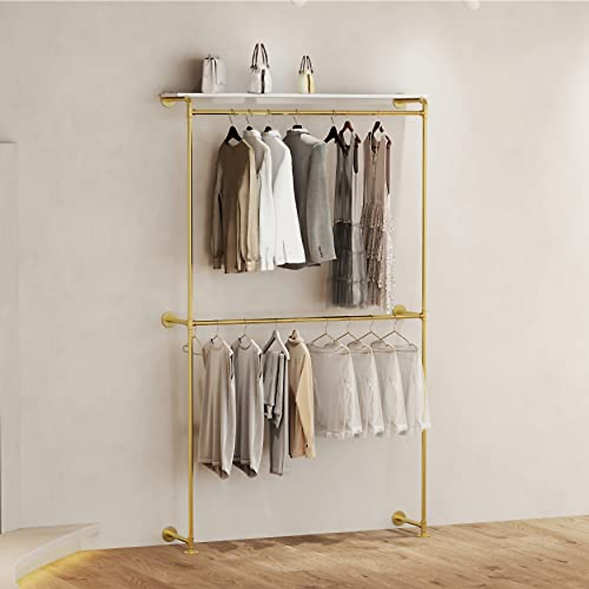 96.5”H Wall Mounted Clothe Rack, Gold Industrial Pipe Clothing Rack with Shelves Closet Rods System for Hanging Clothes Rack Multi-purpose Heavy Duty Hanging Rod