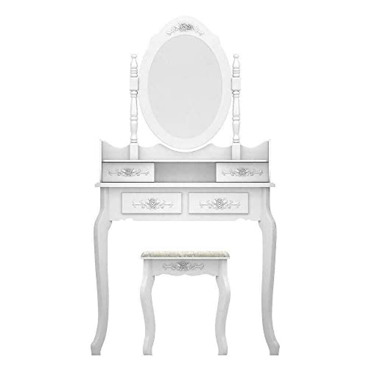 WINVOX Vanity Table Set Jewelry Wood Desk with 4 Drawer,Makeup Dressing Table Makeup Table with Oval Mirror Cushioned Stool,Girls Women Bedroom Furniture Set Oval Mirror White ZLYCFCDUS