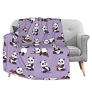 Kiuloam Cute Pandas on Purple Soft Throw Blanket 40"x50" Lightweight Flannel Fleece Blanket for Couch Bed Sofa Travelling Camping for Kids Adults