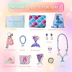 Mermaid Gifts Birthday Gifts for Girls 3 4 5 6 7 8 9 10 11 12 Years Old, Little Mermaid Tail Blanket Mermaid toys Jewelry Makeup Set, Christmas Gifts for Teen Girls