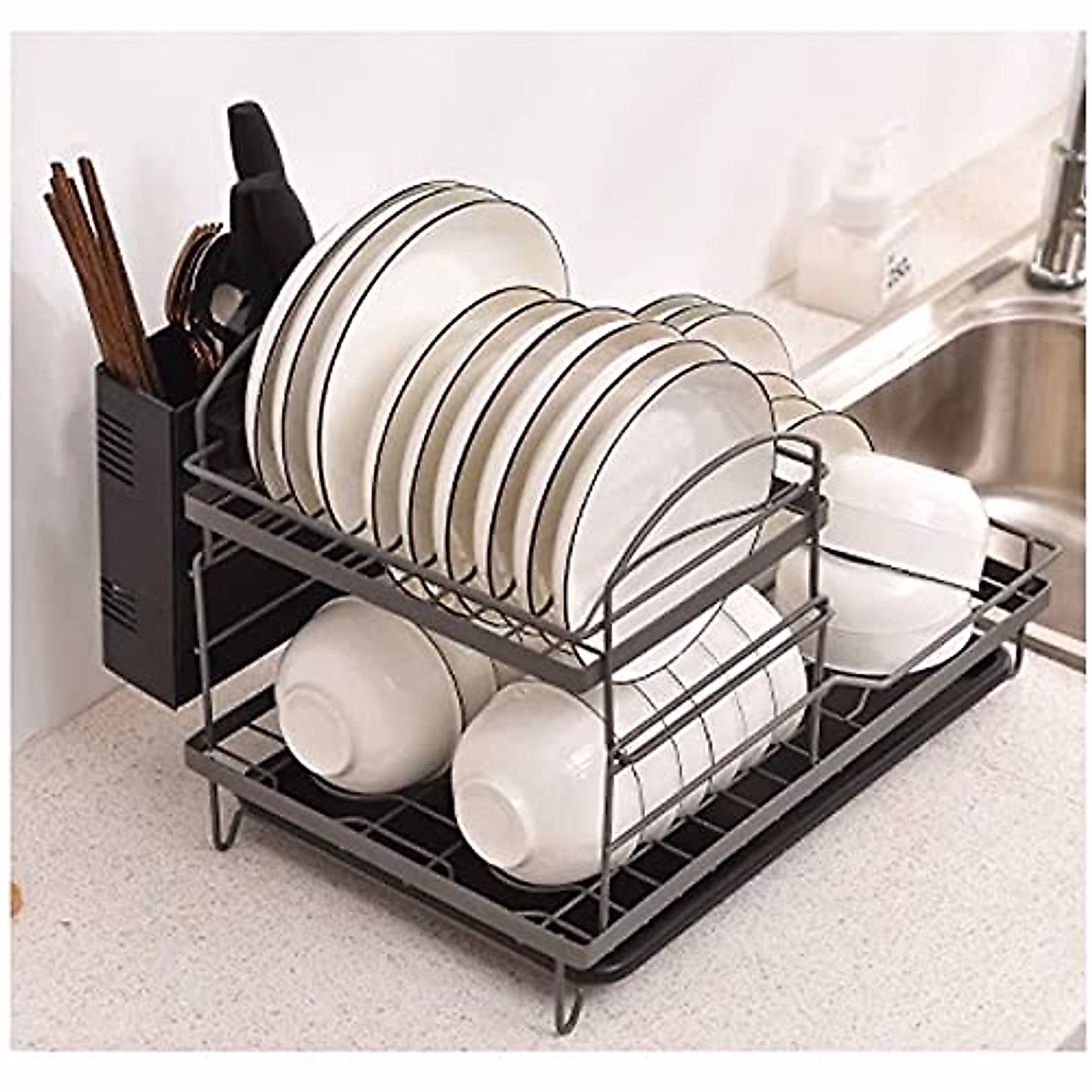 Plate Rack Draining Dish Rack Dish Drying Rack, 2 Tier Dish Rack With Drainboard, Dish Drainer With Utensil Holder And Cup Holder Pan Plate Holder