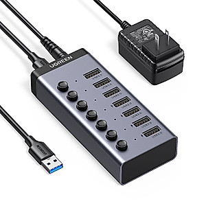 UGREEN Powered USB 3.0 Hub, 7-Port USB Adapter with 4 Smart Charging Ports, USB Splitter with Individual Led On/Off Switches and Power Adapter, USB Ports Extender for Laptop PC