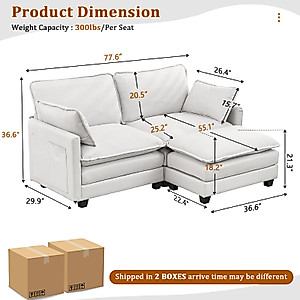 MANBUR Cloud Couch Sectional, Oversized Modular Convertible Sectional Sofa Couch, 2-Seat L Shaped Extra Deep Seat Sofa Couch with Ottoman and Pillows for Living Room, Apartment, Office, White