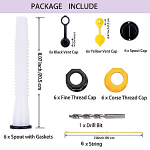6 Pack Gas Can Spout Replacement Old Style with Pour Nozzle Vent Cap Drill Bit Gaskets Screw Cap Universal fit Most of Fuel Water Container 1 2 5 10 Gallon Tank
