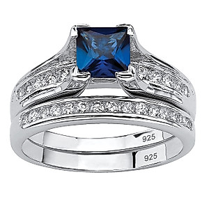 PalmBeach Jewelry Platinum Plated .925 Sterling Silver Princess Cut White Cubic Zirconia or Created Blue Sapphire Bridal Ring Set Size 9