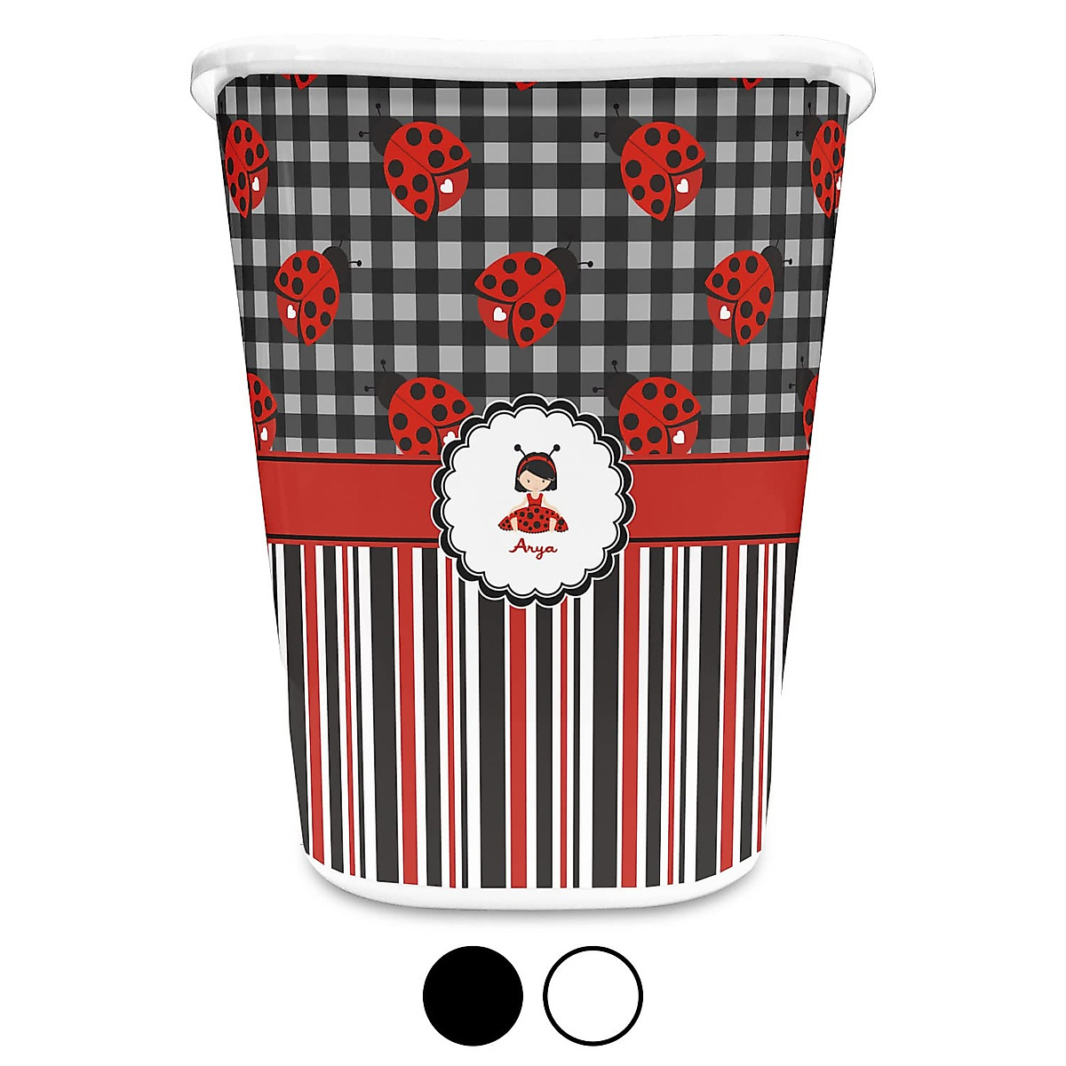 YouCustomizeIt Personalized Ladybugs & Stripes Waste Basket - Single Sided (White)