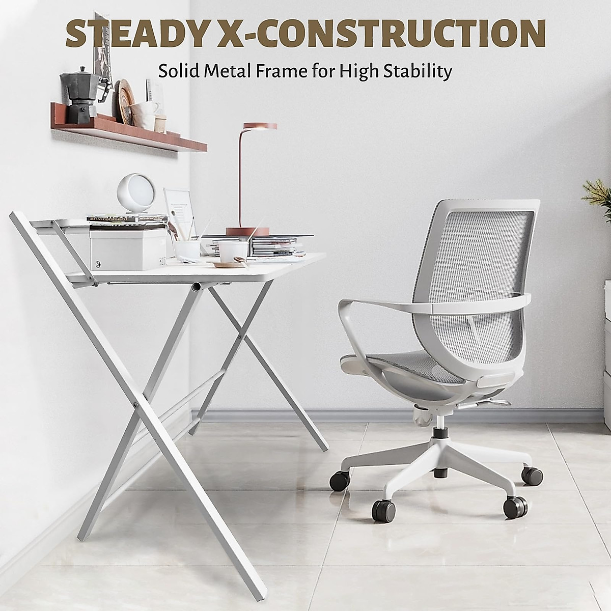 Contemood Foldable Computer Desk for Home Office, Portable Laptop Study Table for Single, 2 Tier Desk No Assembly Required, White