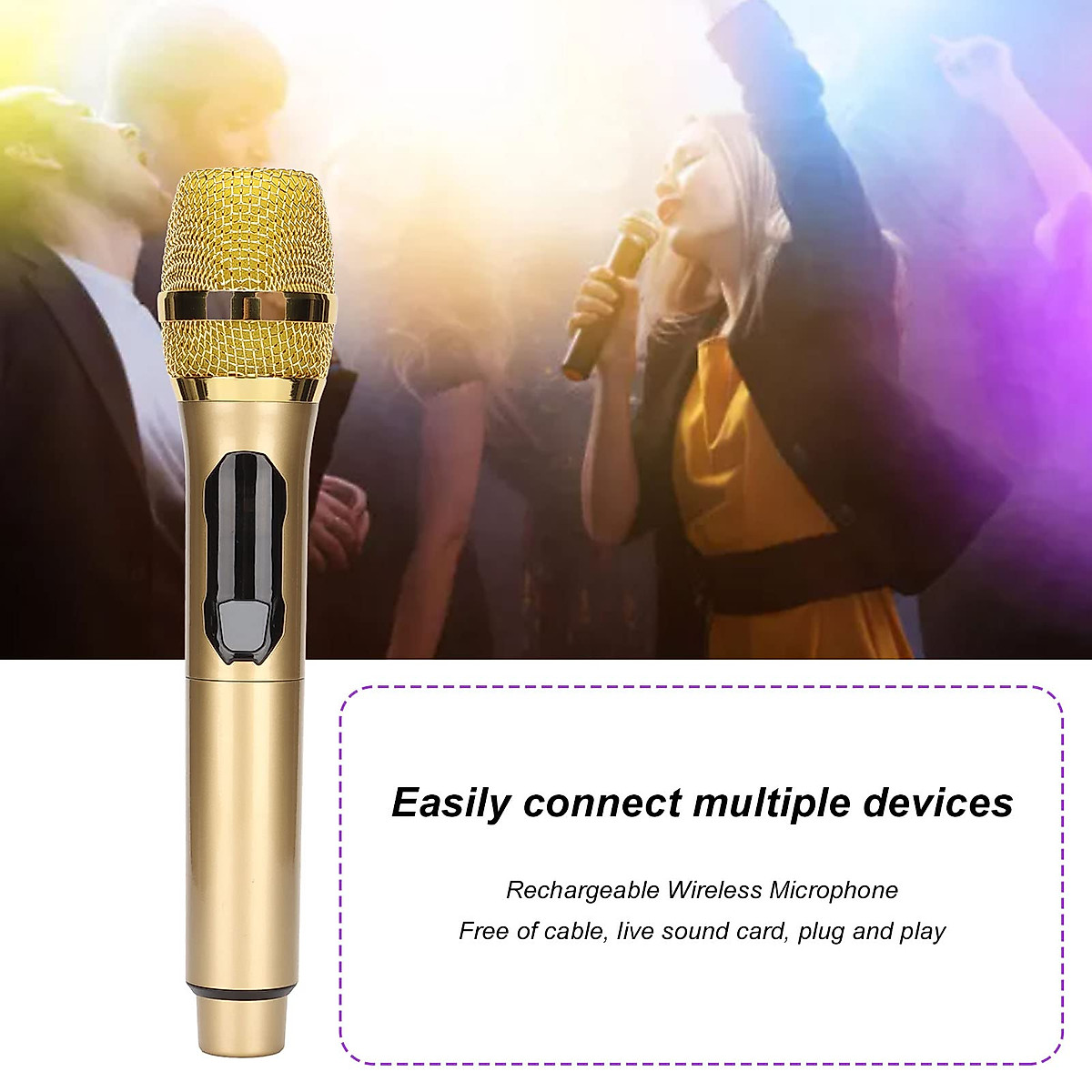 GOWENIC Microphone,Metal Dual Professional UHF Cordless Dynamic Mic Handheld Microphone System, for Home Karaoke, Meeting, Party, Church, DJ, Wedding(Gold)