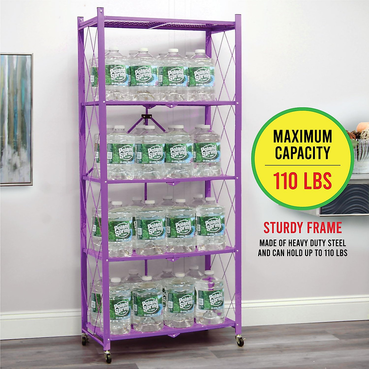 Letusto Foldable Collapsible Shelf with Wheels & Breaks - Folding Shelf Heavy Duty Metal Frame Pantry Shelving Unit - Origami Bookcase - No Assembly Bookshelf (Purple, 5 Tier)