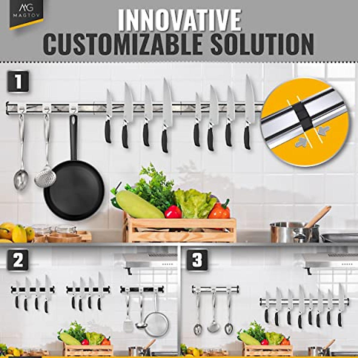 Knife Magnet Holder for Wall (Pack of 3) - Magnetic Knife Strip for Wall 10 inch - magnetic knife holder for Organizing Kitchen Utensils and Small Tools, HeavyDuty Magnetic Strip