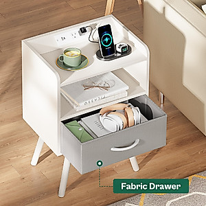 Huuger Night Stand with Charger Station, White Nightstand with Drawer and Open Shelf, Bedside Table, End Table with Solid Wood Feet, Side Table for Bedroom