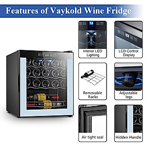 Vaykold Wine Refrigerator 19 Bottle Wine Cooler, Beverage Refrigerator Quiet Operation & LED Light Mini Fridge Glass Door, Wine Cellar for Beer, Red, White, Champagne or Sparkling Wine - Blue&gray