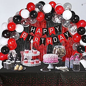 Happy Birthday Banner Party Decorations,85 Pieces Black and Red Balloons Kit Set Rain Curtain Backdrop and 2 Pieces Plastic Disposable Tablecloth for Boy Women Men Birthday Party Decorations Supplies