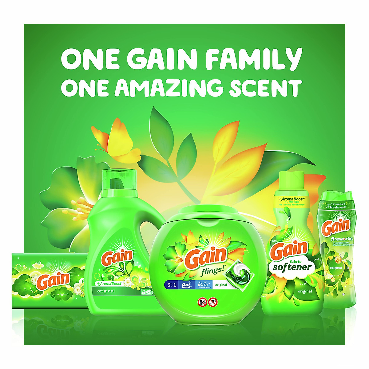 Gain Laundry Bundle: Gain Flings Laundry Detergent Pacs (2x31ct), Gain Dryer Sheets (2x34ct), Gain Fireworks Laundry Scent Booster Beads (12.2 oz)